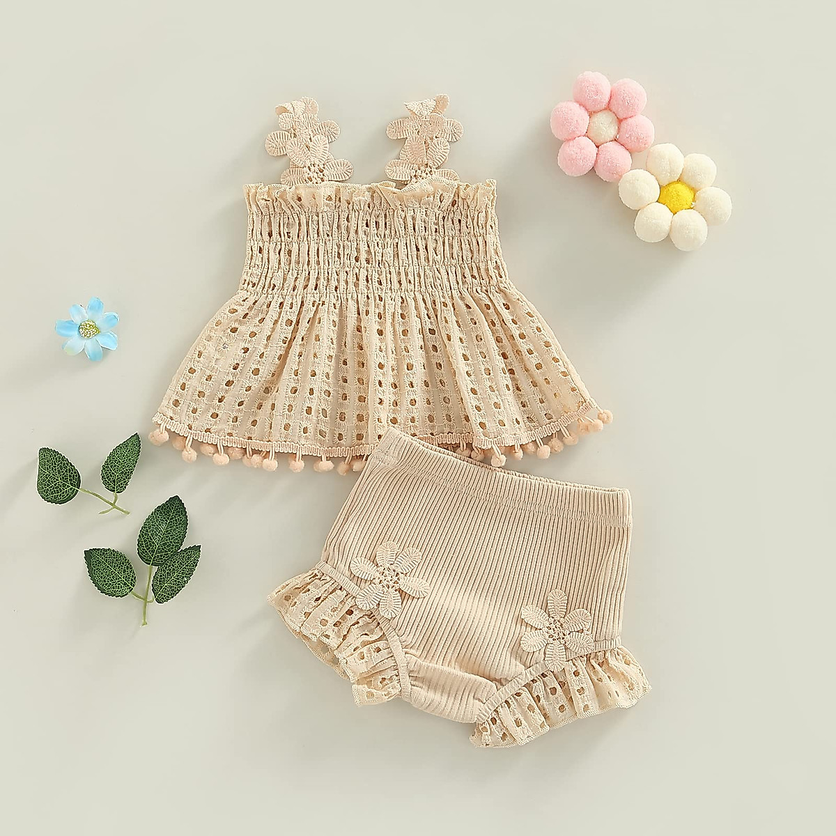 Newborn Baby Girls Clothes Sets Waffle Floral Print Sleeveless Bodysuits+Ruffles Drawstring Summer Shorts+Headband (Y-Apricot, 0-3 Months)