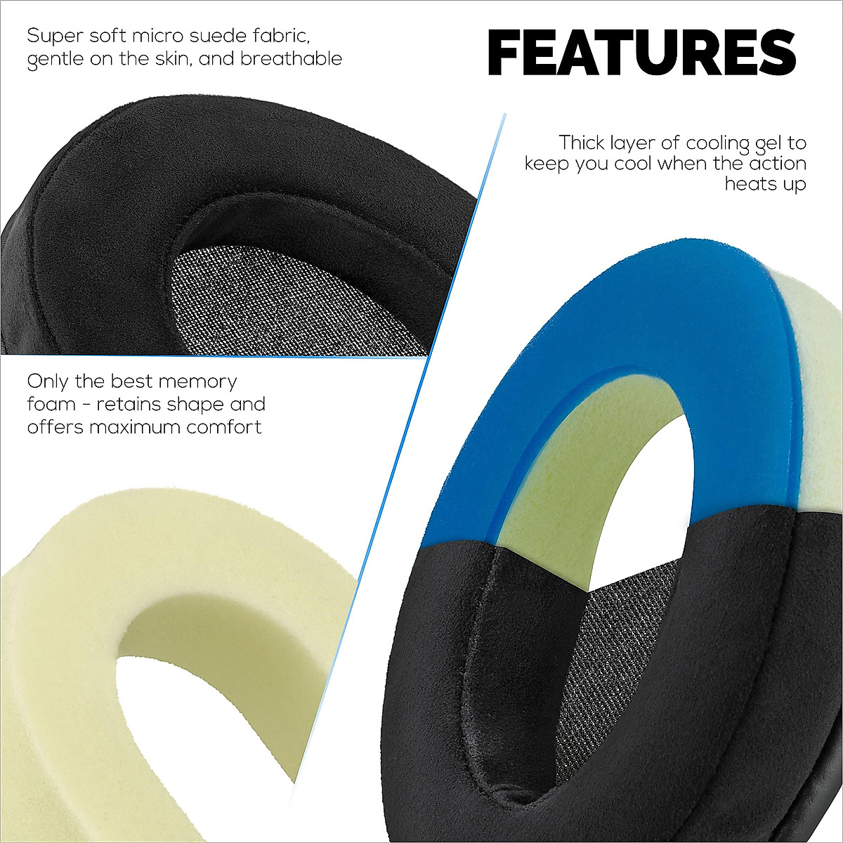 Brainwavz Gaming Earpads Compatible with ATH M50X, Hyper X Cloud, Steelseries Arctis, G Pro X & Many More, with Cooling Gel & Soft Micro Suede for Extra Comfort