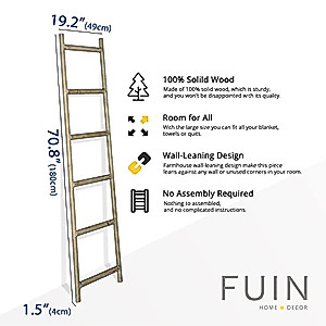FUIN 6ft & 5ft Wood Decorative Wall Leaning Blanket Ladders Bathroom Storage Quilt Towel Display Rack Shelf Holder Rustic Farmhouse, Brown