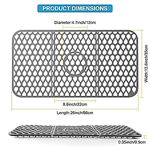 Sink Protectors for Kitchen Sink, Kitchen Sink Mats Grid Accessory 26''×13.7'', Non-slip Silicone Sink Mats,Grey Kitchen Sink Mat with Center Drain for Farmhouse Stainless Steel Ceramic Sink