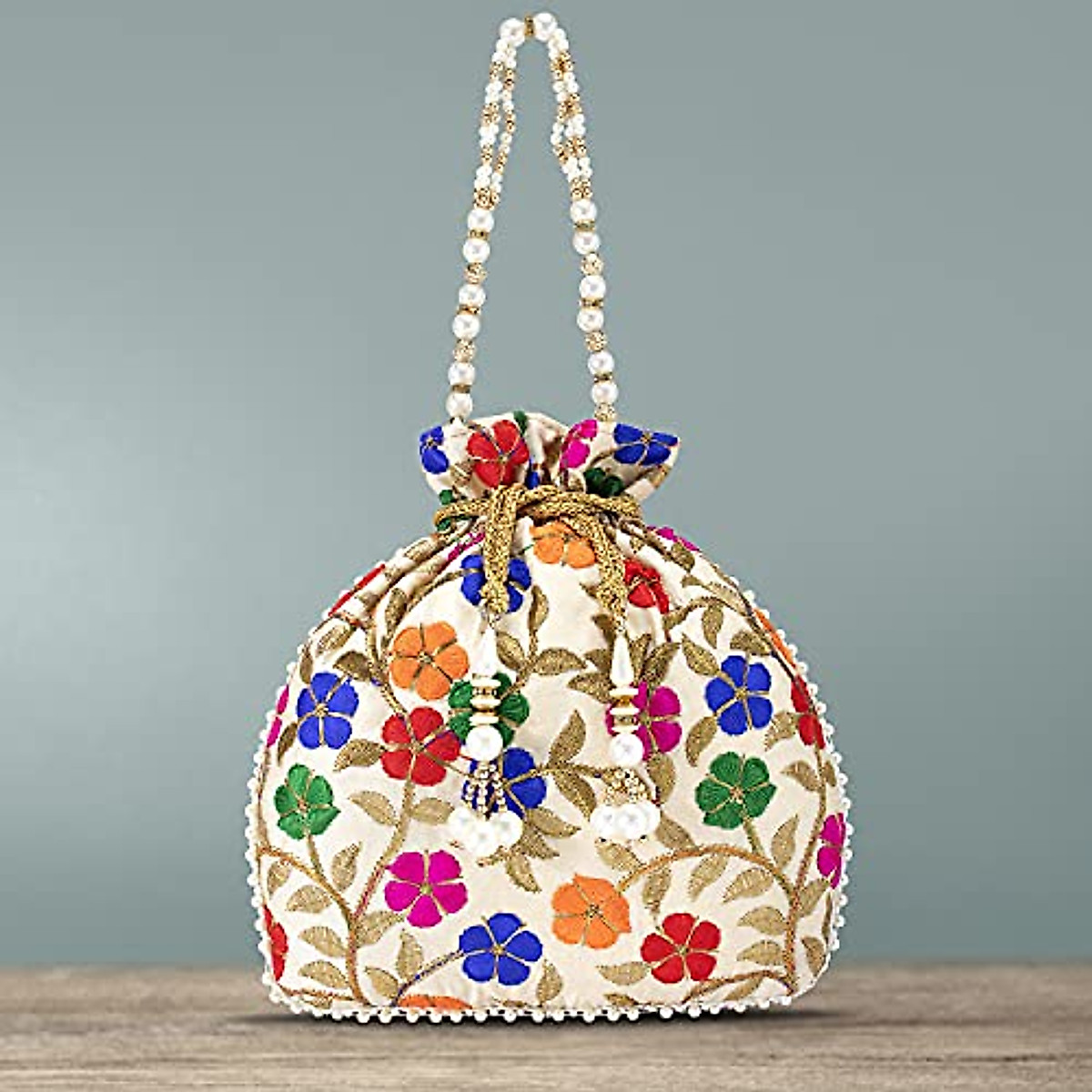 Aheli Ethnic Designer Embroidered Silk Potli Bag Batwa Pearls Handle Clutch Purse for Women (P01) (Multi Floral 4)