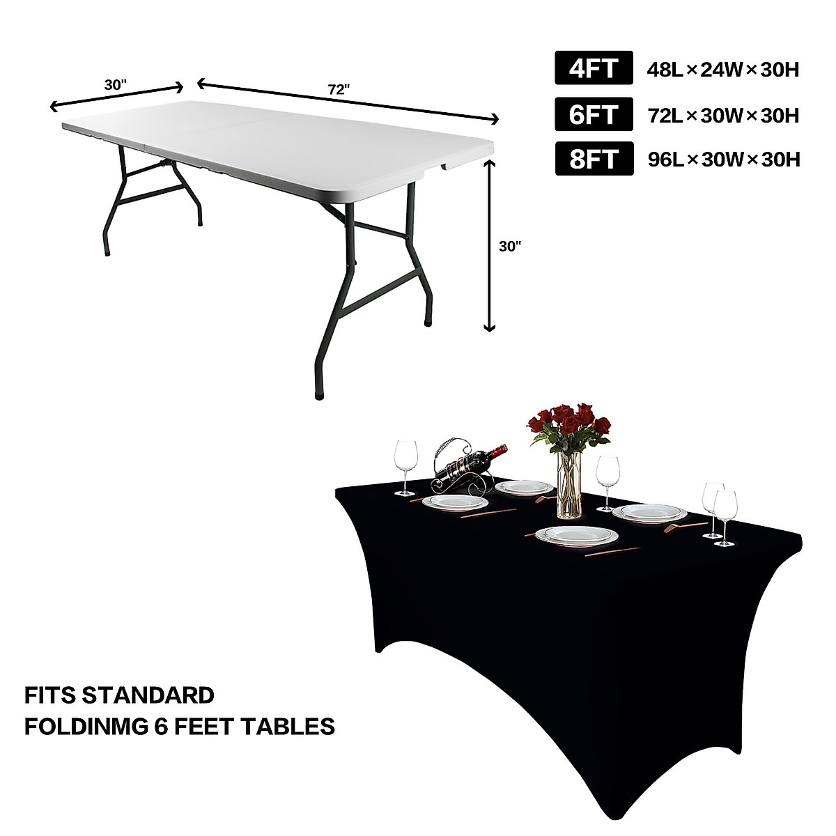Heochy 2 Pack 6FT Table Cloth for Rectangle Table - Black Tablecloths Rectangular Fitted Stretch Spandex Table Covers 6 ft for Birthday, Cocktail, Wedding, Banquet Christmas Holiday Tablecloth