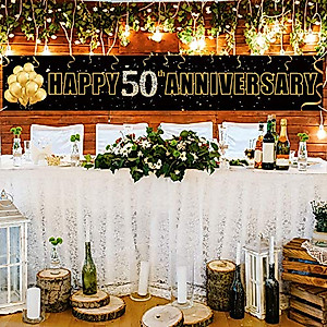 Yoaokiy Happy 50th Anniversary Banner Decorations, Black Gold 50 Wedding Anniversary Party Supplies, 50 Years Wedding Anniversary Party Sign(9.8x1.6ft)