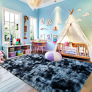 Isdook Anti-Skid Rectangular Fuzzy Rug Fluffy Rug for Living Room Non-Slip Shag Fuzzy Rug for Nursery Tie-Dyed Blue Grey Rectangle 4x6 Feet