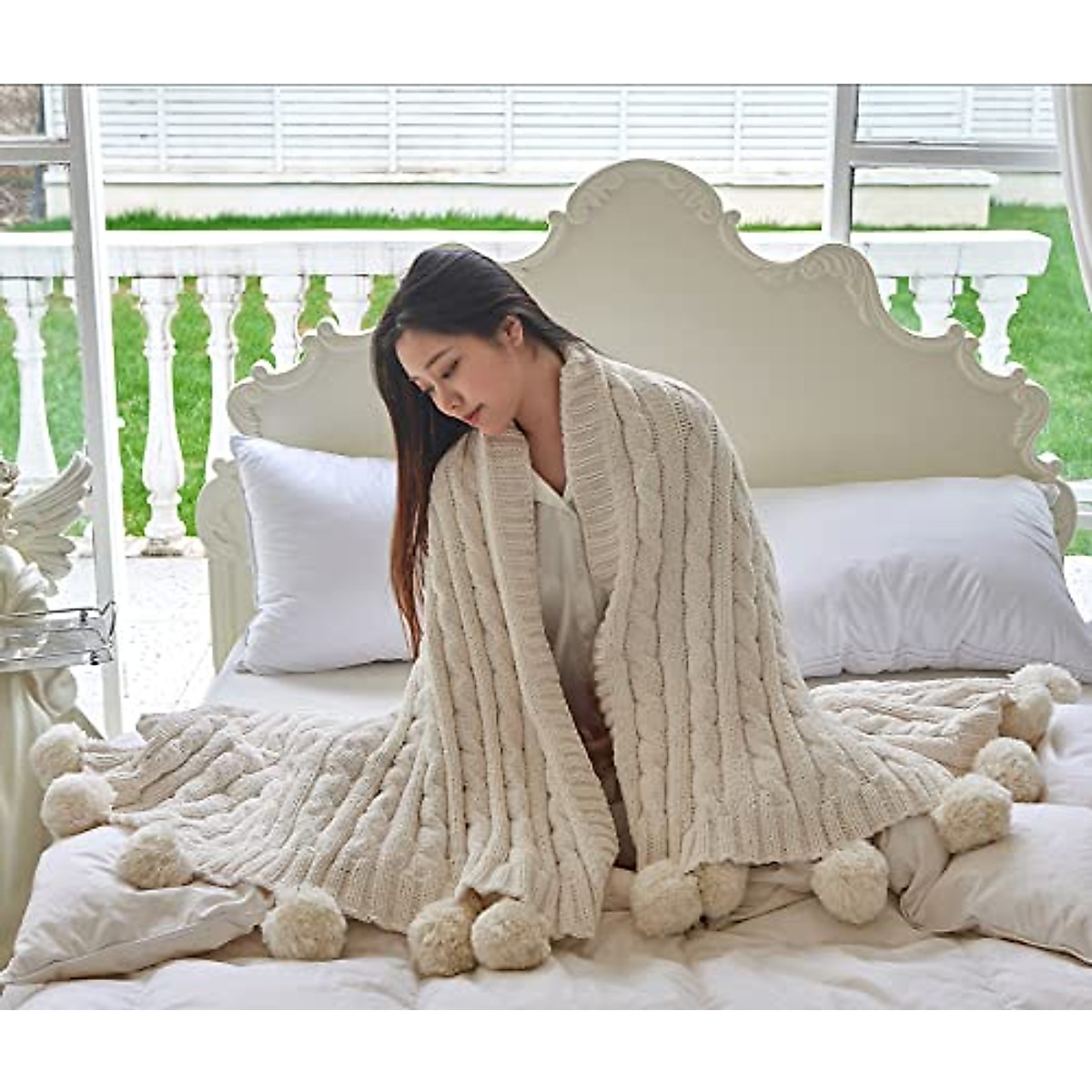 Chenille Chunky Knitted Throw Blanket with 14pcs Pom Poms Tassel Super Soft Cozy Warm Blanket for Sofa Bed Soft Couch 50 x60 inches (White)¡­