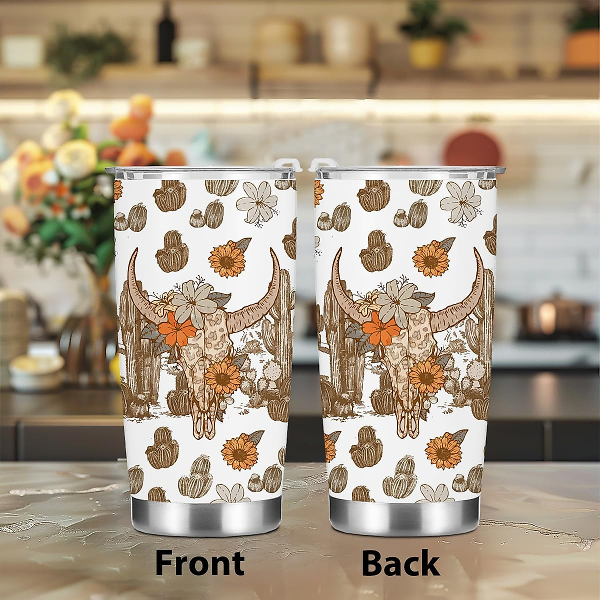 Birthday Christmas Presents Western Stuff, Boho Cow Skull Tumbler, 20 oz Tumblers Insulated Coffee Mug Stainless Steel Thermal Vacuum Travel Coffee Cup with Lid, Cow Stuff Western Gifts for Women