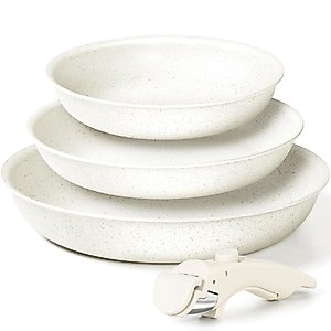 MICHELANGELO Nonstick Frying Pan Set Removable Handle, 8" 9.5" and 11" Frying Pans, Skillets with Detachable Handle, Granite Coating Egg Pan, Non Toxic Pans for Cooking, PFOA Free, Oven Safe, White