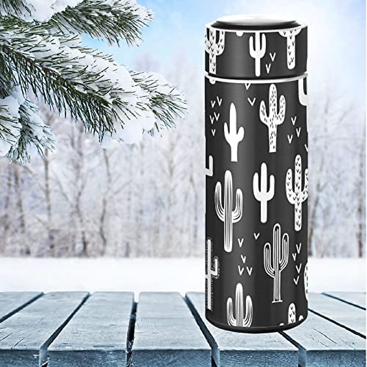 CaTaKu Black and White Cactus Water Bottle Insulated 16 oz Stainless Steel Flask Thermos Bottle for Coffee Water Drink Reusable Wide Mouth Vacuum Travel Mug