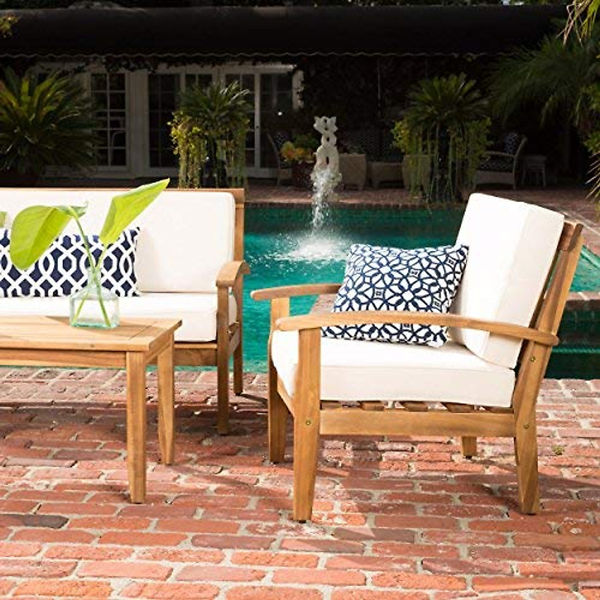 GDF Studio Preston 4 Piece Wood Outdoor Patio Seating Chat Set w/Beige Cushions