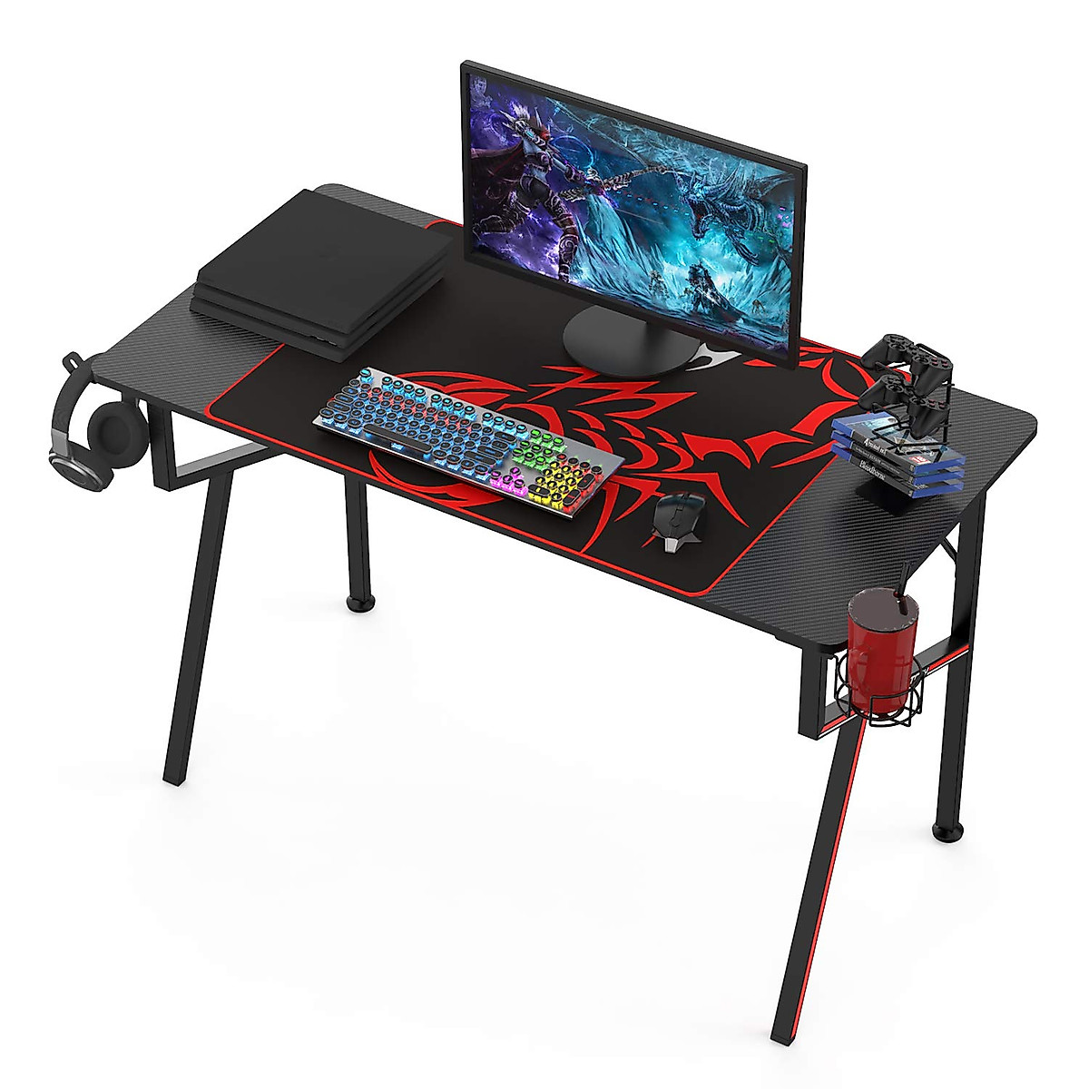 EE EUREKA ERGONOMIC Gaming Desk 47 Inch, Small Gaming Computer Desk Table for Small Space Gamer Desk with Mouse Pad Headset Hook Cup Holder Controller Stand, Black