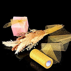 Outus Sparkling Christmas Glitter Tulle Roll Sparkling Tulle Ribbon 6 Inches by 25 Yards for Xmas Holiday Wedding Gift Wrapping Tutu Skirt, Birthday Baby Shower Party Decoration(Gold)