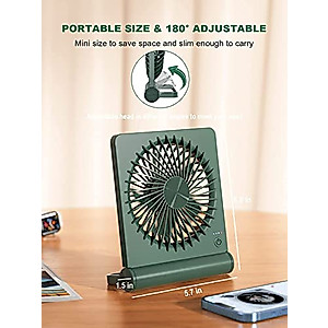 Tevelecin Small Desk Fan, 2000mAh Rechargeable USB Fan Battery Operated,Ultra Quiet, Strong Wind, 3 Speeds & about 4-12 Hours Longer Working, 180°Foldable Mini Desktop Fan for Home Office Travel Outdoor-Green