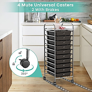 Byroce 10 Tier Drawer Rolling Storage Cart, Tools Scrapbook Paper Organizer Trolley with 360° Rotating Wheels and PP Drawers, Sturdy Metal Frame, Unity Storage Cart for Home, School, Office (Black)
