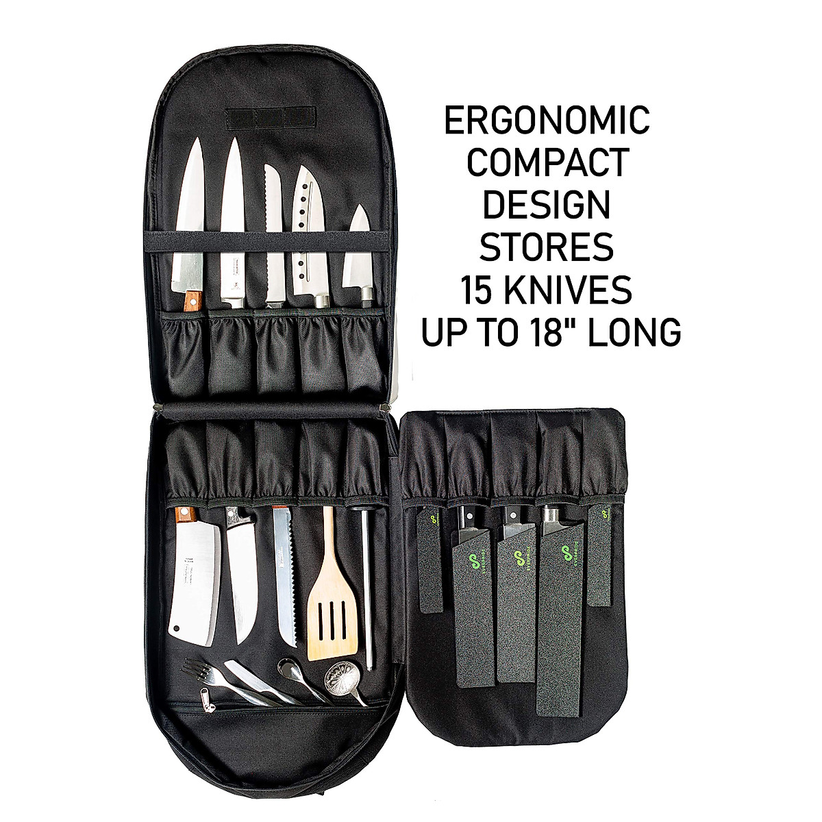 EVERPRIDE Chef Knife Bag (19 Slots) Holds 15 Knives PLUS 4 Zipper Compartments for Cooking Tools, Tablets and More - Lightweight Backpack for Chefs and Culinary School Students (Bag Only)