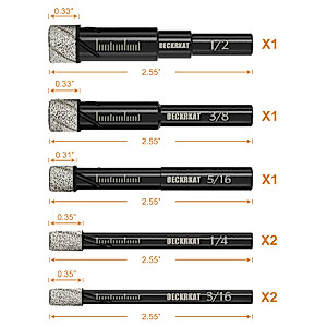 7 Piece Diamond Drill Bits Set, Core Drill Bits for Hard Materials - Tiles Ceramics Glass Stones – Built in Coolant, Fast Dry Drilling - Sizes 3/16" 1/4" 5/16" 3/8" 1/2" - Round Shank, Storage Case