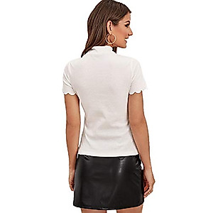 SweatyRocks Women's Mock Neck Ribbed Knit Scallop Short Sleeve T Shirt Tops White M