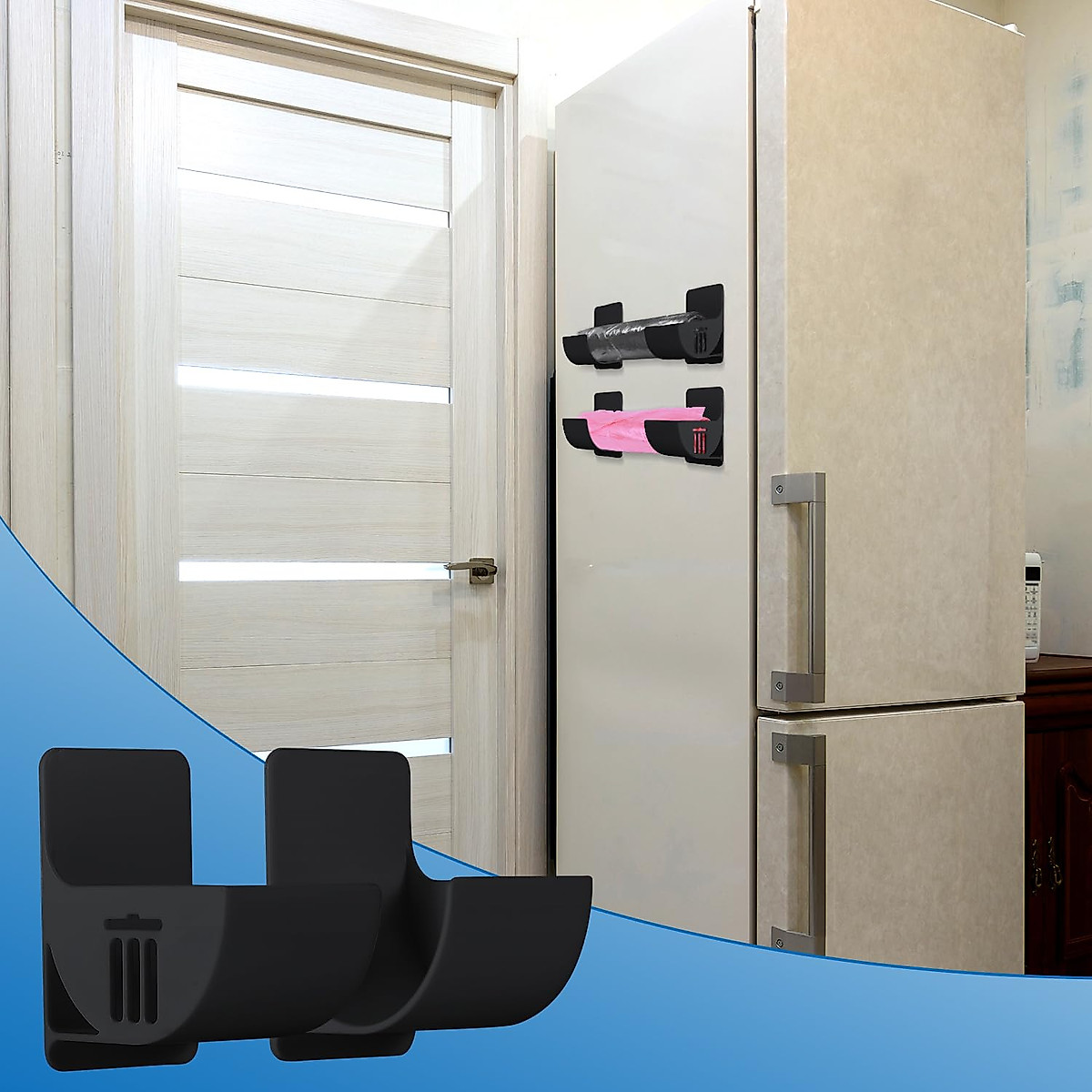 4pcs Trash Bag Holder, Trash Bag Dispenser Roll Holder Wall Mount Shopping Grocery Bag Roll Holder Plastic Trash Bag Organizer for Cabinet Kitchen Home Garbage Organization and Storage Rack (Black)