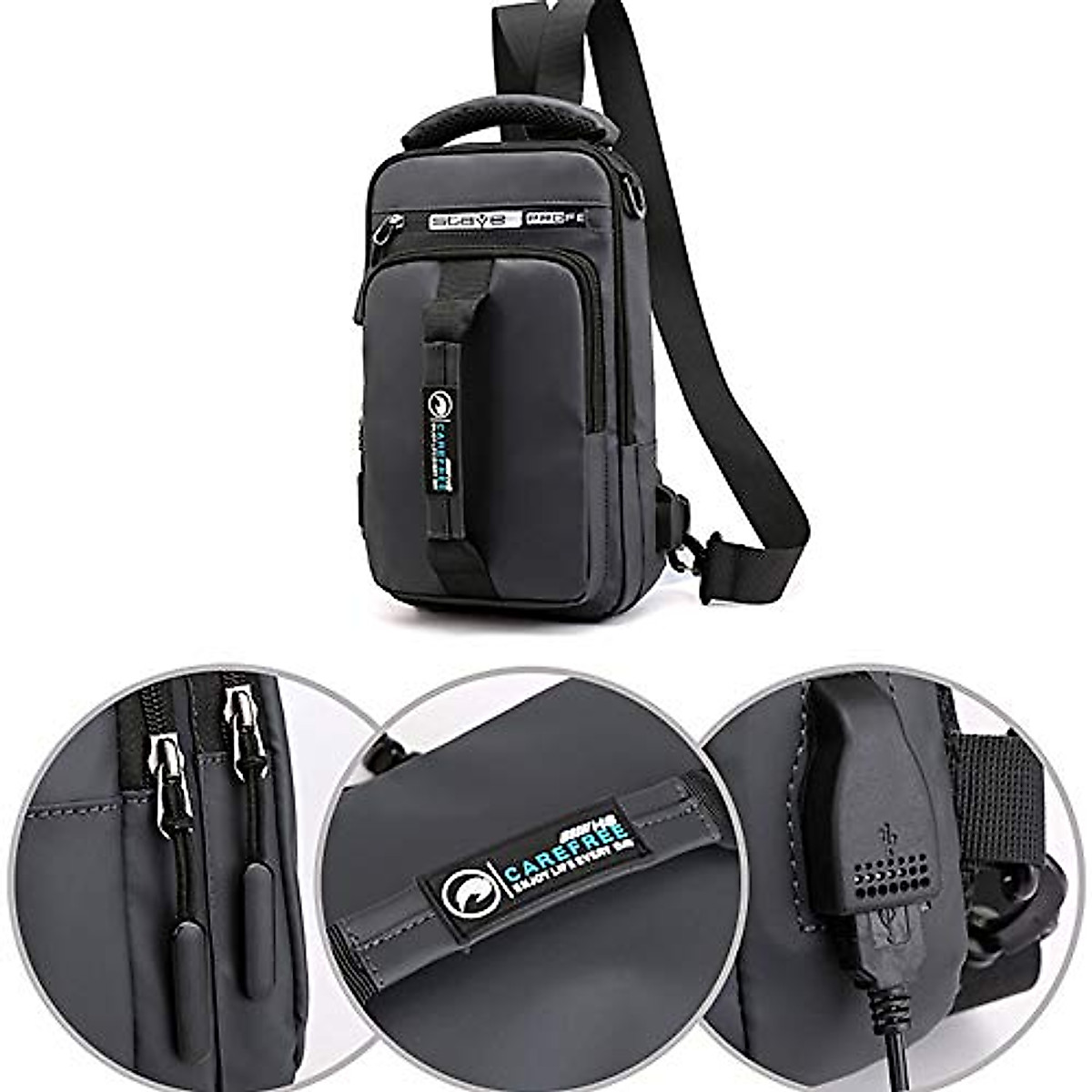 Shoulder Backpack Sling Chest Crossbody Bag Cover Pack Messenger Daypack Rucksack Bicycle Sport With USB Charging Port (Black)
