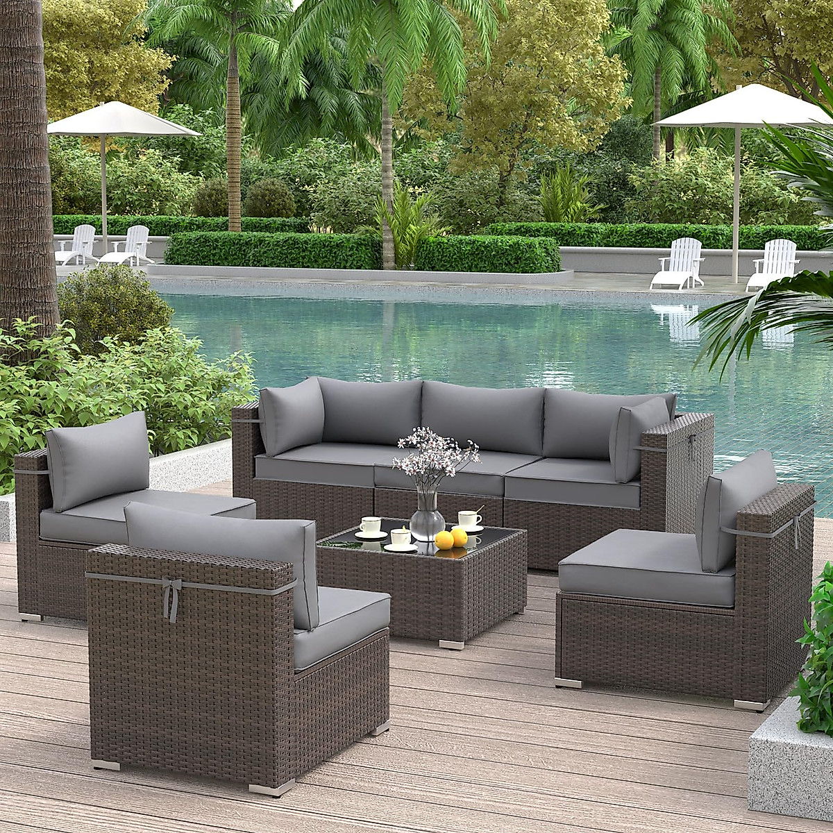VONZOY Patio Furniture Set 7 Pieces Outdoor Sectional Rattan Sofa Set, PE Rattan Wicker Patio Conversation Set with 6 Seat Cushions and 1 Tempered Glass Table and Furniture Cover, Dark Grey