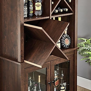 Home Source 72" Wood Exquisite Bar Wine Cabinet with Storage,Liquor Cabinet with Removable Wine Racks,Bookcase,Kitchen Pantry Storage Cabinet for Kitchen,Dining Room, Living Room,Mahogany