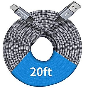 Baiwwa [ 20ft/6m ] Extra Long USB C Cable, Premium Nylon Braided USB A to Type C Cable Charger Cord Compatible with Samsung Galaxy Note Tab, Moto, LG, Pixel and More USB C Smartphone & Tablet