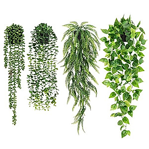 JPSOR Fake Hanging Plants, 4 Pack Artificial Potted Greenery Faux Eucalyptus Vine, Boston Fern, String of Pearls, Pothos Ivy in Pot for Home Room Wall Shelf Patio Garden Indoor Outdoor Decor