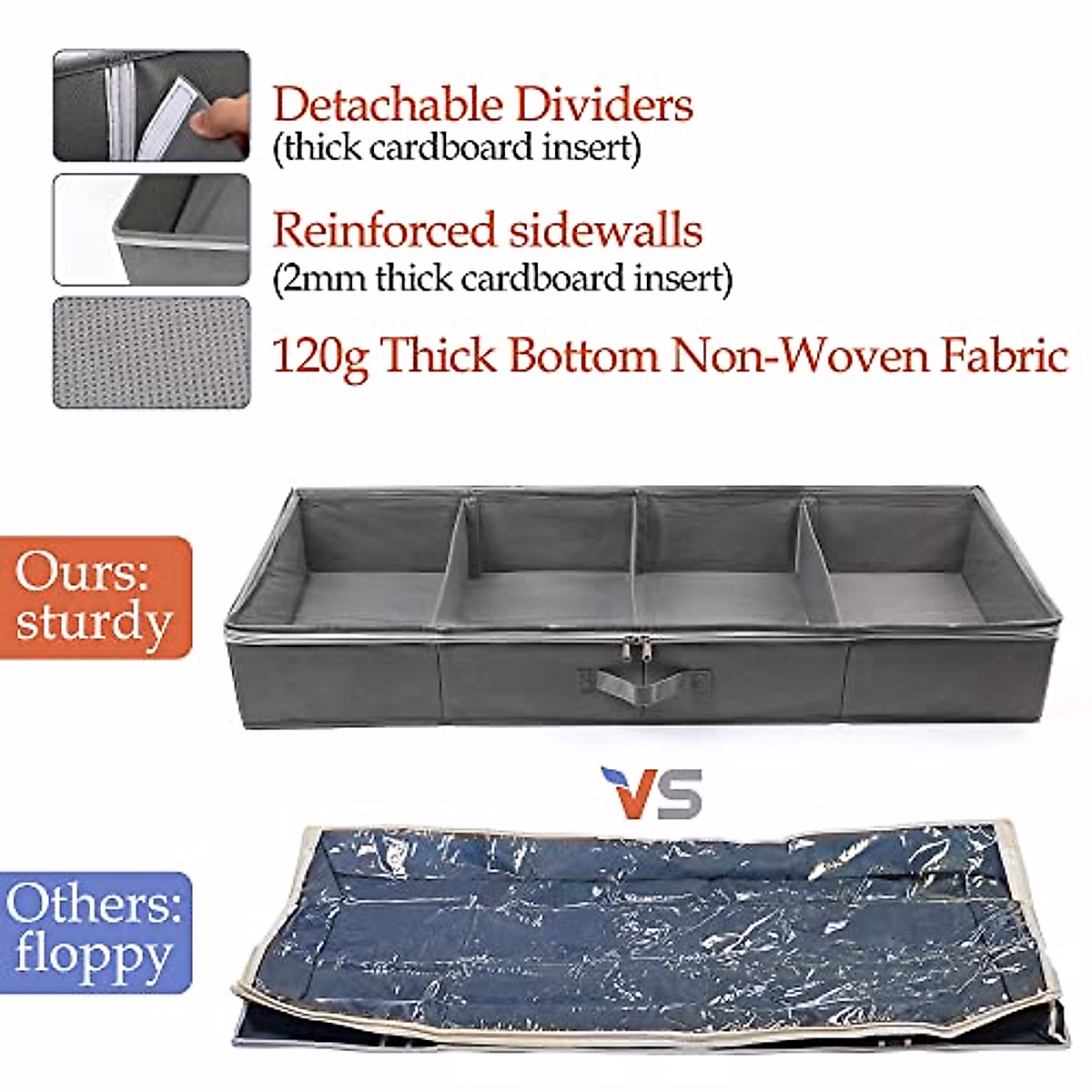 LotFancy Under Bed Storage Containers, Detachable Dividers, 2 Pack, Closet Underbed Clothes Blanket Organizer, 39.3x16.5x6 in, with 4 Handles and Large Clear Window, Sturdy, Large, Gray