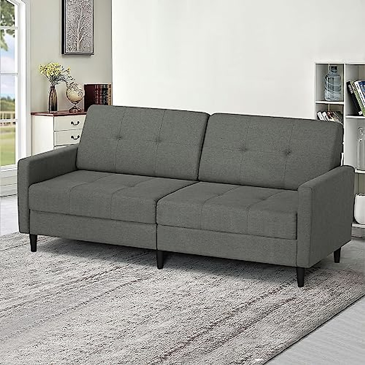 77" Modern Linen Fabric Futon Sofa Bed with Adjustable Backrest & Solid Wood Legs, Convertible Loveseat Couch Sleeper Sofabed 3 Seats Sofa for Small Space (Grey)