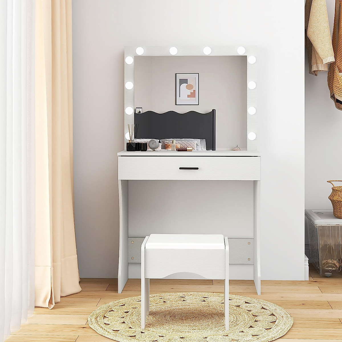 Vanity Desk with Mirror and Adjustable Lights, One Drawer Storage Makeup Table with Stool - Vanity Set for Bedroom (White)