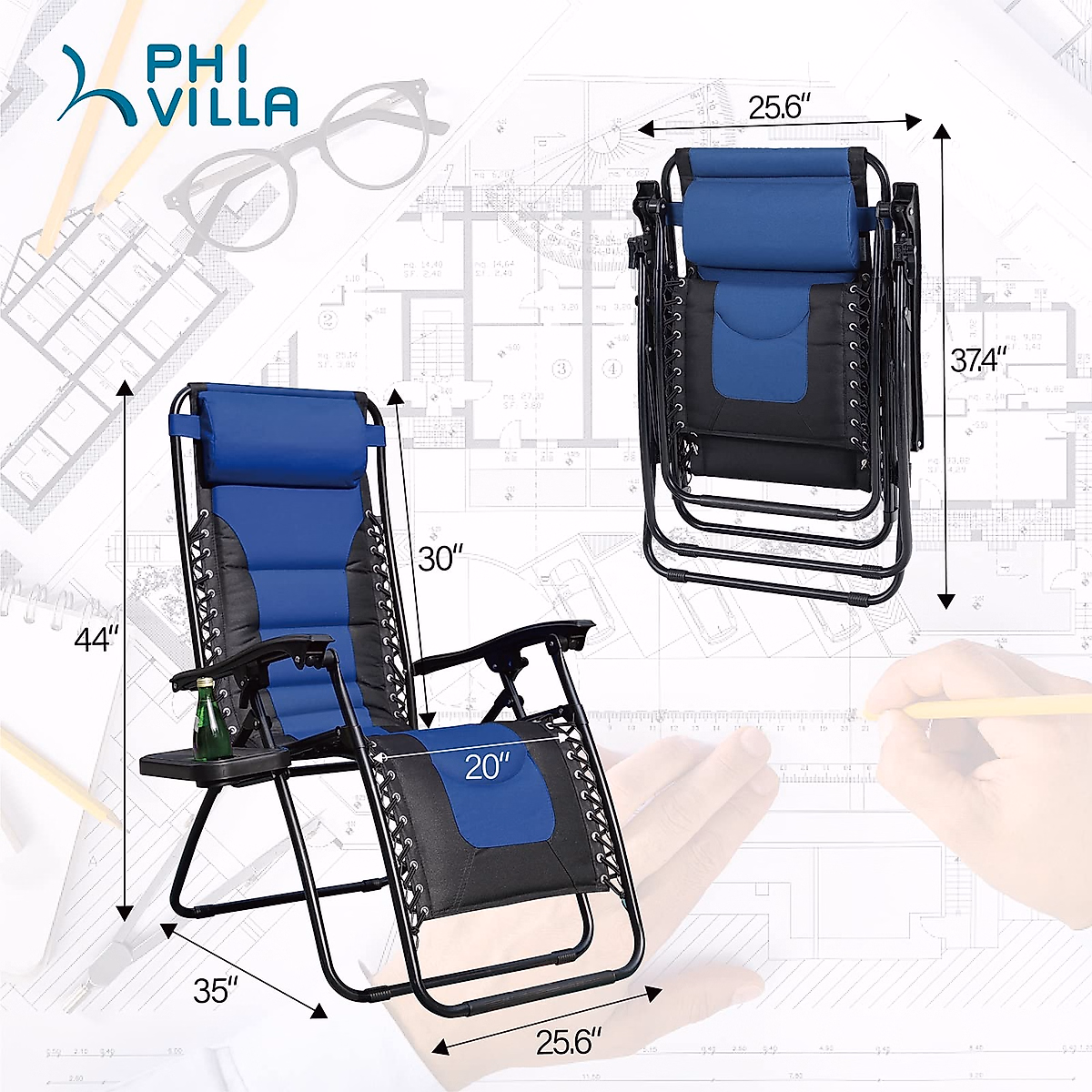 PHI VILLA Zero Gravity Chair Padded Recliner Adjustable Lounge Chair with Free Cup Holder (Blue)