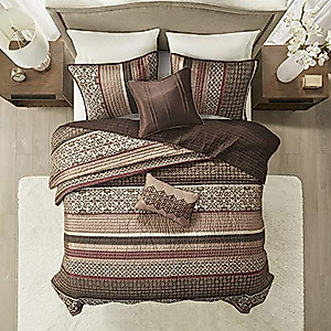 Madison Park Quilt Set Luxurious Jacquard Stripes Design - All Season, Coverlet Bedspread Lightweight Bedding Layer, Shams, Decorative Pillow, Full/Queen(90"x90"), Floral Red 5 Piece