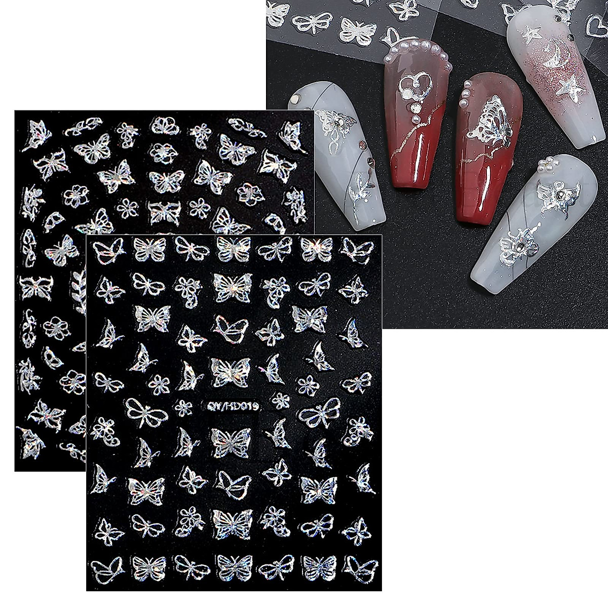 JMEOWIO 12 Sheets Aurora Holographic Butterfly Nail Art Stickers Decals Self-Adhesive Pegatinas Uñas Glitter Flower Nail Supplies Nail Art Design Decoration Accessories