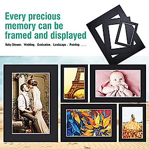 Acid Free 25 Pack 11x14 Pre-Cut Mat Board Show Kit for 8x10 Photos, Prints or Artworks, 25 Core Bevel Cut Matts and 25 Backing Boards and 25 Crystal Plastic Bags, Black