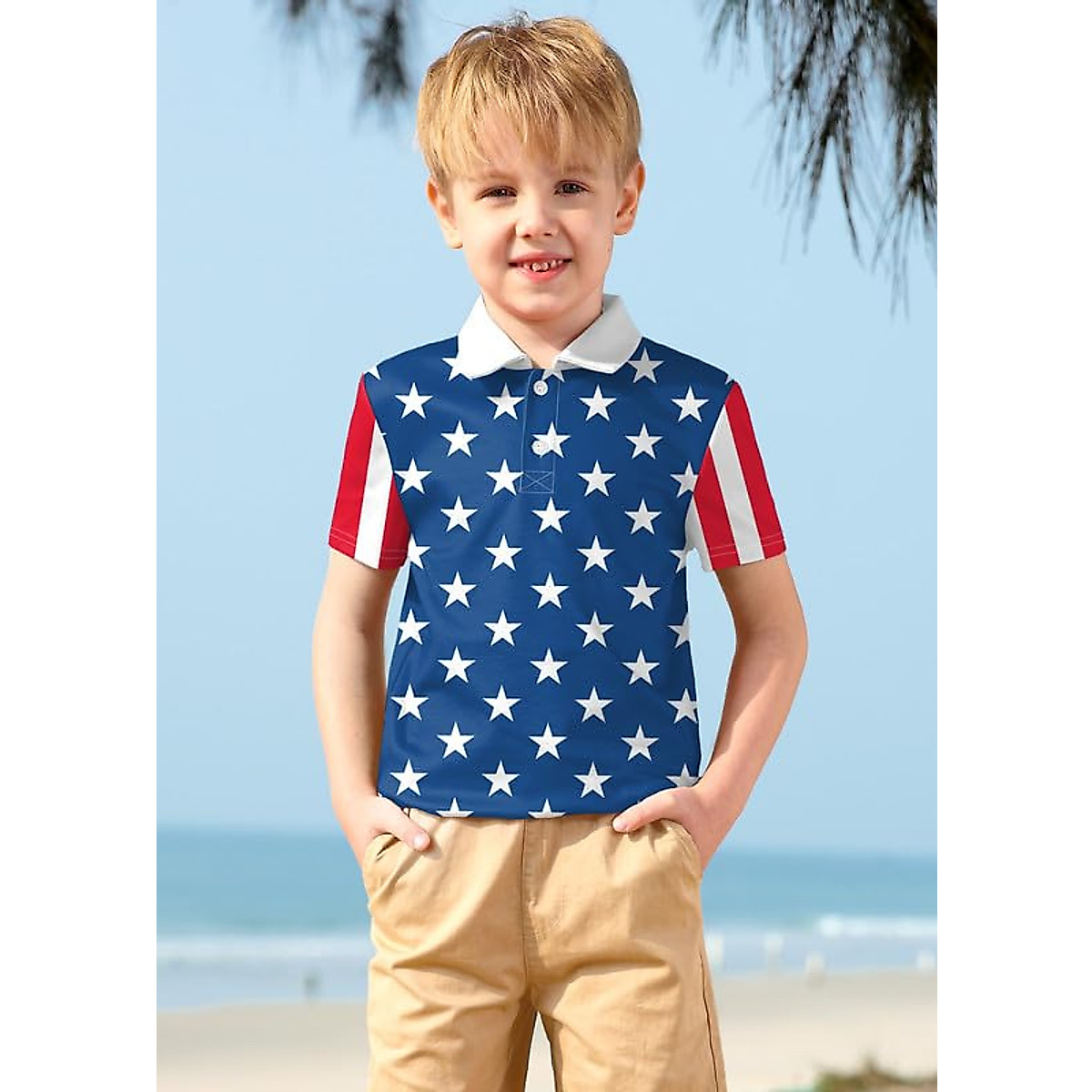 IIMMER Big Boys 4th of July Memorial Day Short Sleeve Tee Shirt Blue Stars America Golf US Flag T-Shirt 9-10 Years