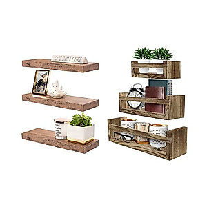 Sorbus Floating Shelves Bundle - 6 Rectangular Floating Shelves - 3 Support Bar Shelves & 3 Flat Floating Shelves - Hanging Wall Shelves for Home Decor