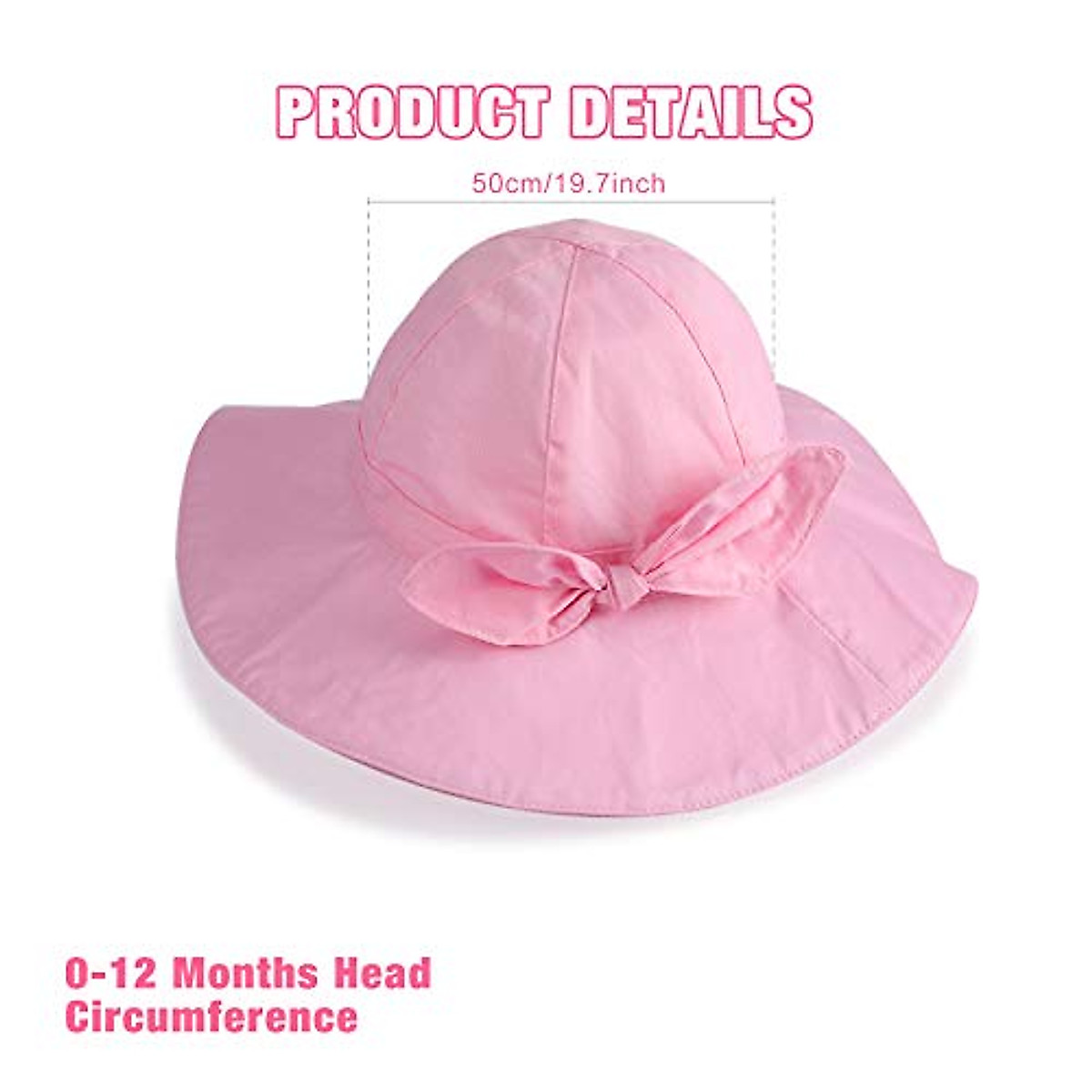 2 Pieces Baby Girls Sun Hat Adjustable Sun Protection Summer Beach Wide Brim Hat (White and Pink,0-12 Months)