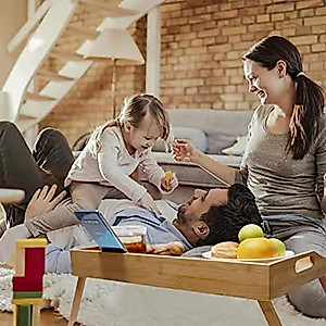 Natural Bamboo Bed Tray Table,Large Breakfast Tray with Handles Folding Legs with Media Slot and with Phone Holder，Foldable Platter Tray,Laptop Desk,Flat TV Tray Kitchen Serving Tray (Yellow)