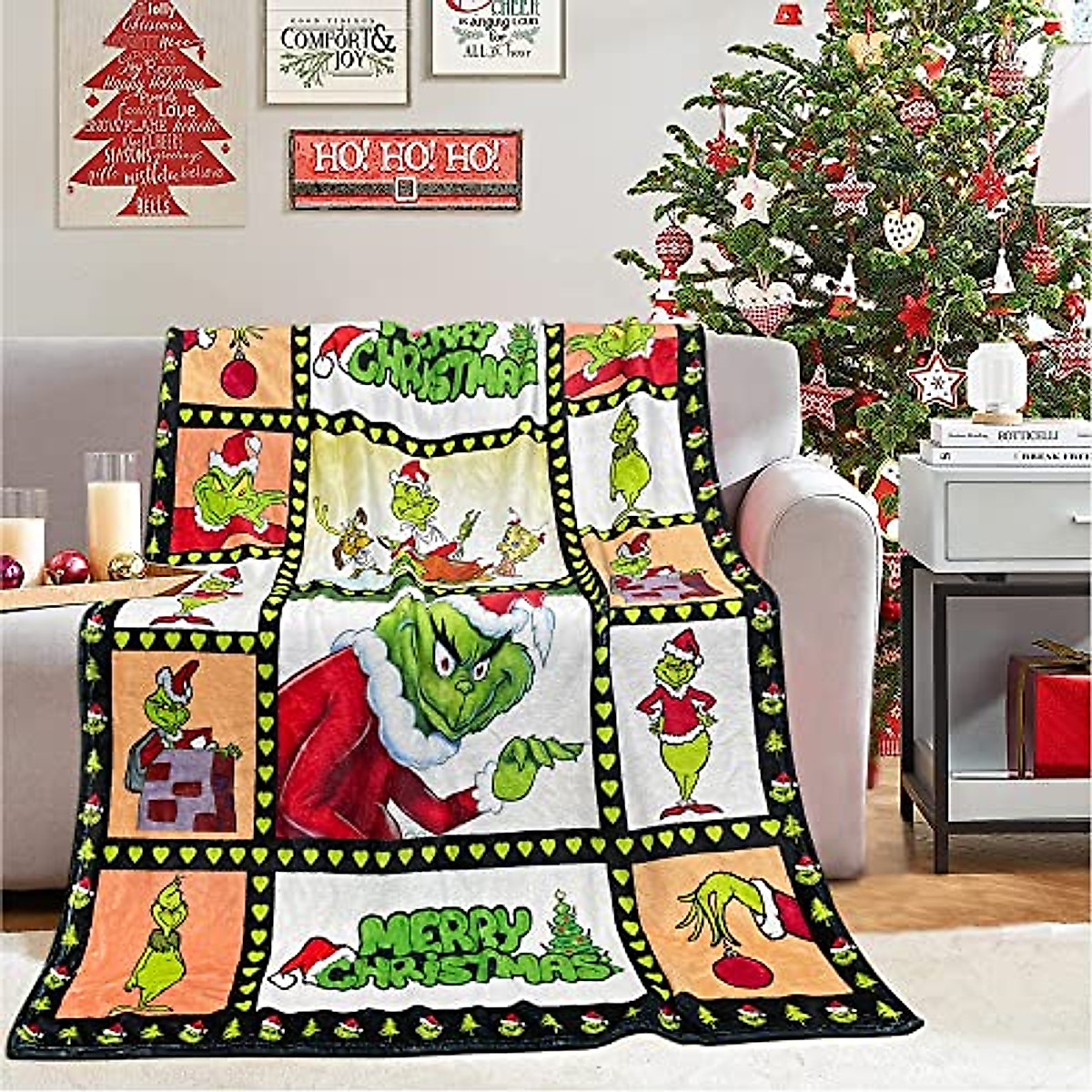 Christmas Fleece Blankets Super Soft Bed-Throw Blanket Green Christmas Grinchy Cartoon Mosaic Warm Bed Blanket for Sofa Chair Bed Living Room Funny Stitching Winter Companion Blessing 60"x80"