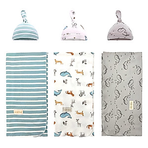 Newborn Swaddle and Hat Set 6 Pack 100% Cotton Knitted Baby Receiving Blankets 35" x 35" Soft Unisex Swaddle Wrap for Girls and Boys (Whale+Elk+Green Stripes)