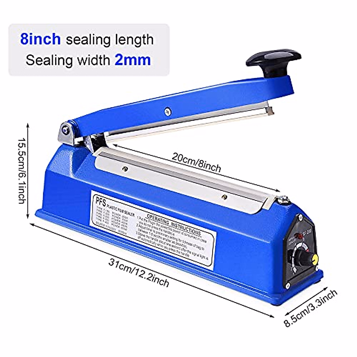 Suteck 8 inch Impulse Bag Sealer, Manual Poly Bag Sealing Machine w/Adjustable Timer Electric Heat Seal Closer with 50Pcs 4X6 Inch Shrink Wrap Bag and 2 Free Replacement Kit (Sapphire)