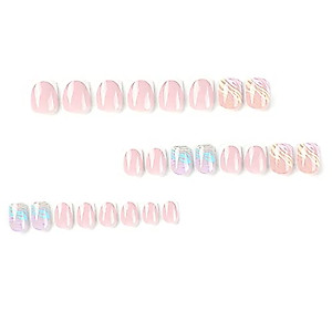 Square Press on Nails Short French Fake Nails Acrylic Glossy False Nails with Colored lines Designs Full Cover Glue on Nails Stick on Nails French Tip Reuseable Nails for Women