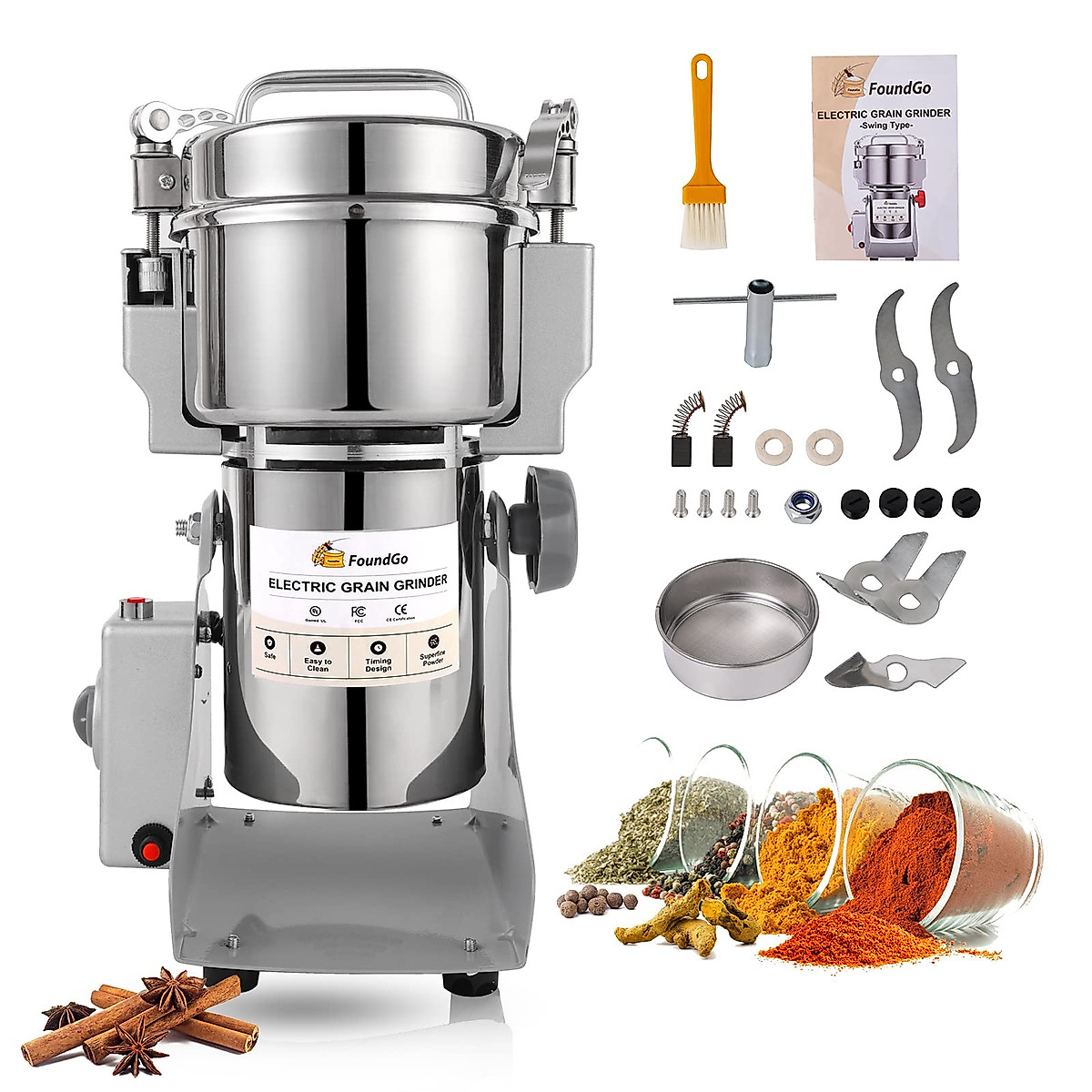 FoundGo 500g Grain Mill Electric Grinder Cereals Pulverizer Spice Grinding Powder Machine Corn Flour Grinders for Dry Spices Seeds Herbs Grains Coffee Rice Pepper, Commercial Grade