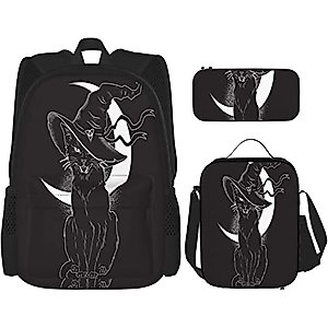 Backpack Combination with Lunch Bag Pencil Case Set Black Cat Pointy Witch Hat School 3 in 1 Bookbags Set