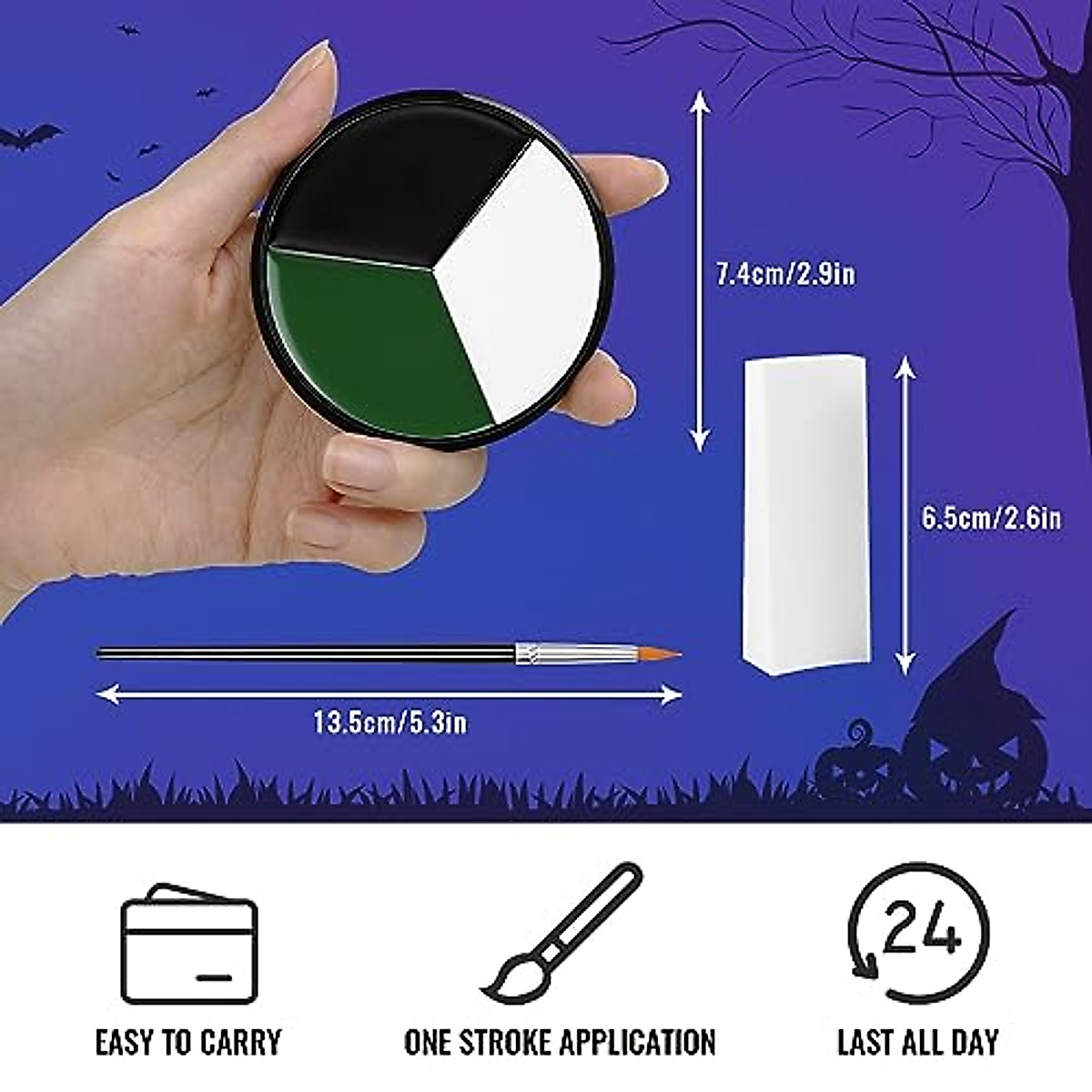 BOBISUKA White Black Green Face Paint + 3PC Sponge + Brush Body Paint Set, Colored Eye Black for Baseball Softball Sport Games, Zombie, Monster Face Painting Kit for Halloween, Cosplay, Costume, SFX Special Effect and Theme Parties