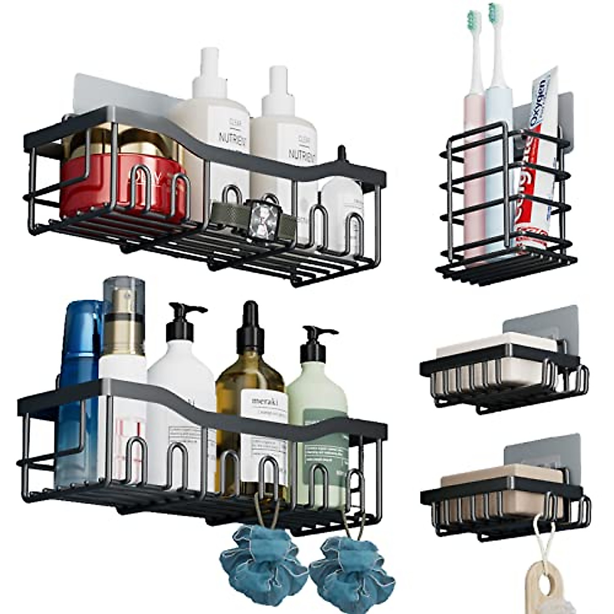 shower shelves[5 pcs],Kitchen&bathroom storage shelf, strong adhesive,bathroom shelf no drilling , rustproof stainless steel soap box, toothpaste, towel and toiletries,Cutlery Storage Box , black