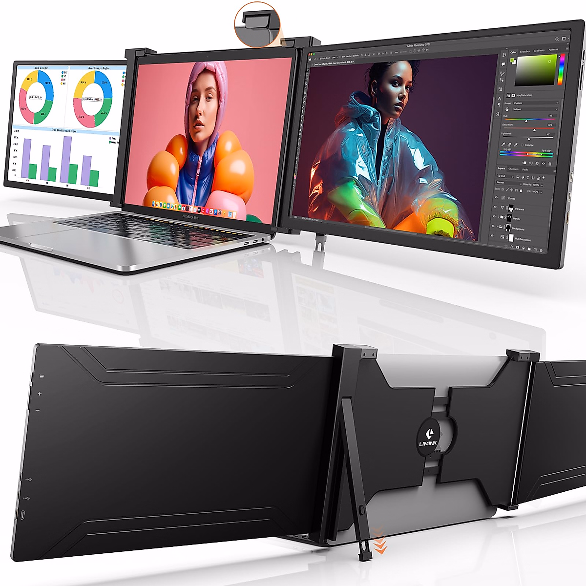 L LIMINK S20 15.4" Triple Portable Monitor for 15.6-18.5" Laptops | 1080P IPS HDR Dual Freestanding Narrow-Bezel Laptop Screen Extender | Compatible with MacOS & Windows | Powered by USB-C & HDMI