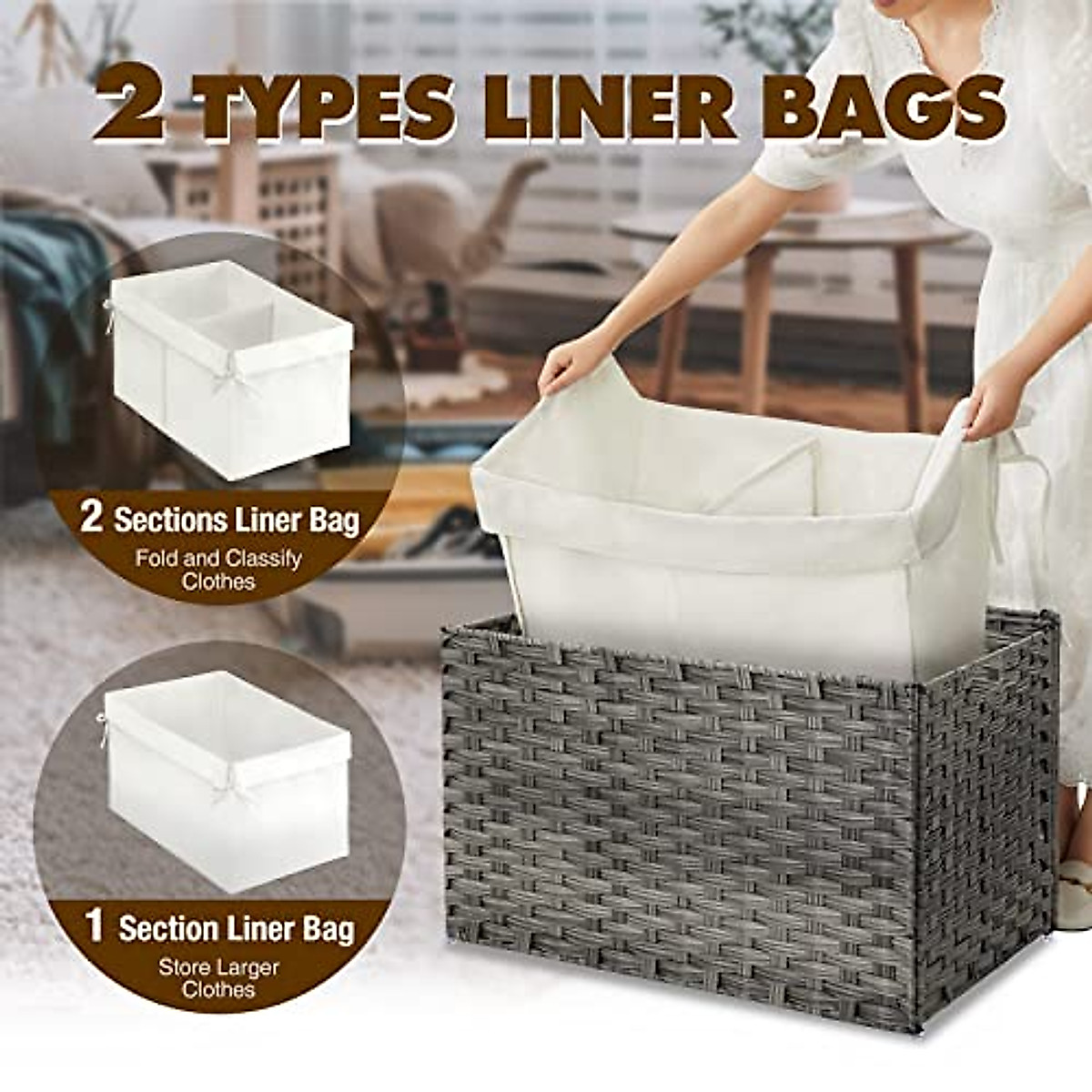 Greenstell Storage Basket with Lid, Handwoven Large Shelf Basket with Cotton Liner and Metal Frame, Foldable & Easy to Install, Storage Box Basket Bin with Handle for Bedroom, Laundry Room Grey 105L