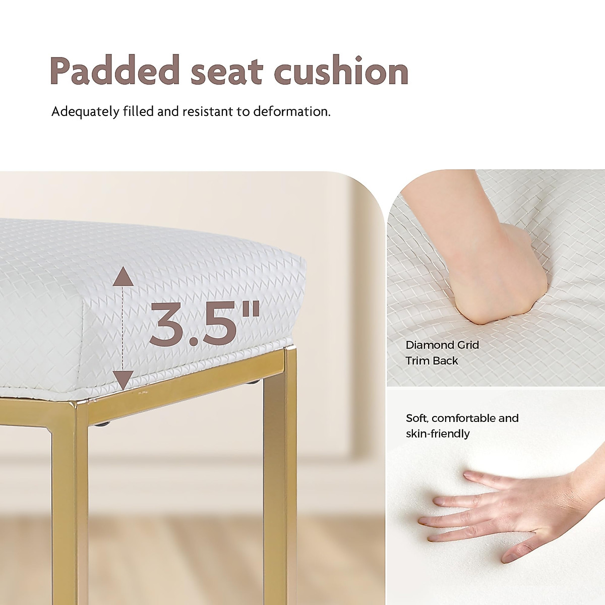 ALPHA HOME 24 Inch Counter Height Bar Stools Set of 3, Upholstered Bar Stools for Kitchen Island, Counter Stools with Faux Leather Cushion and Sturdy Metal Frame, Modern Barstools, White and Gold