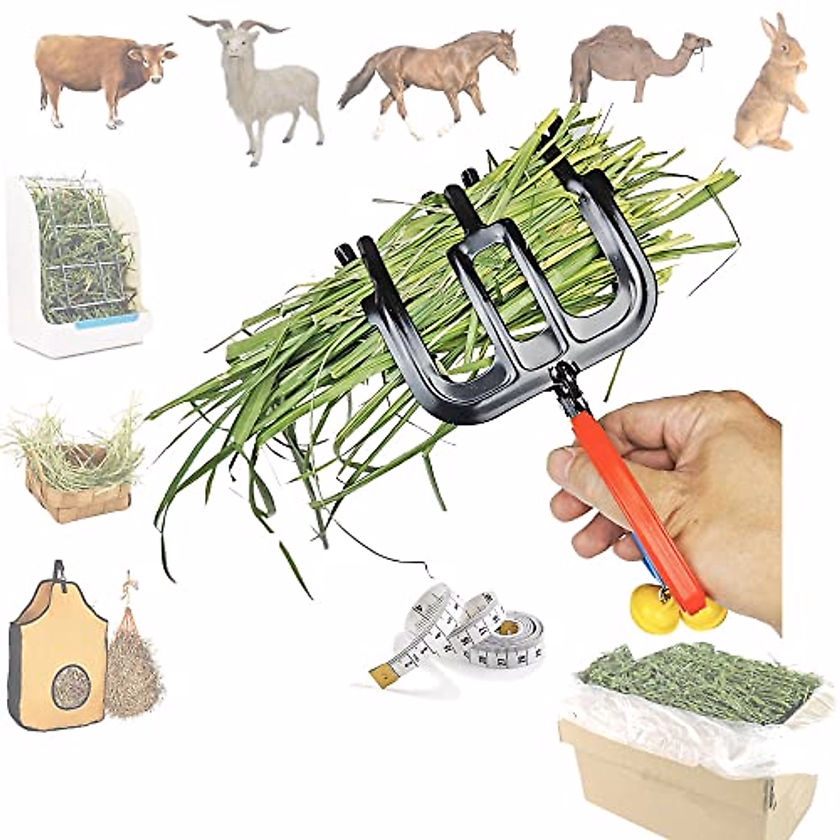 LYFOO Hay Filling Grabber Fishing Grabber Crab Tongs Horse Hay Gripper Cow Hay Fork Pet Feeding Fork Rabbit Feeder Goat Food Feeder with Measurement Tape (6-Tine), Black