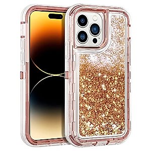 WOLLONY for iPhone 14 Pro Max Case Glitter Floating Liquid Shiny Quicksand Case for Women Girls Heavy Duty Shockproof Protective Case Hard PC Bumper Soft TPU Cover for iPhone 14 Pro Max 6.7''Rosegold